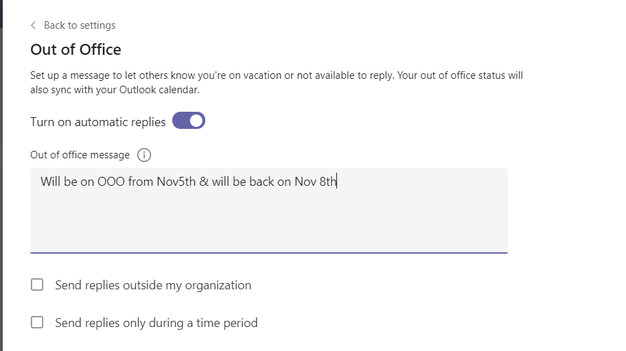 Setting Out Of Office Message In Microsoft Teams