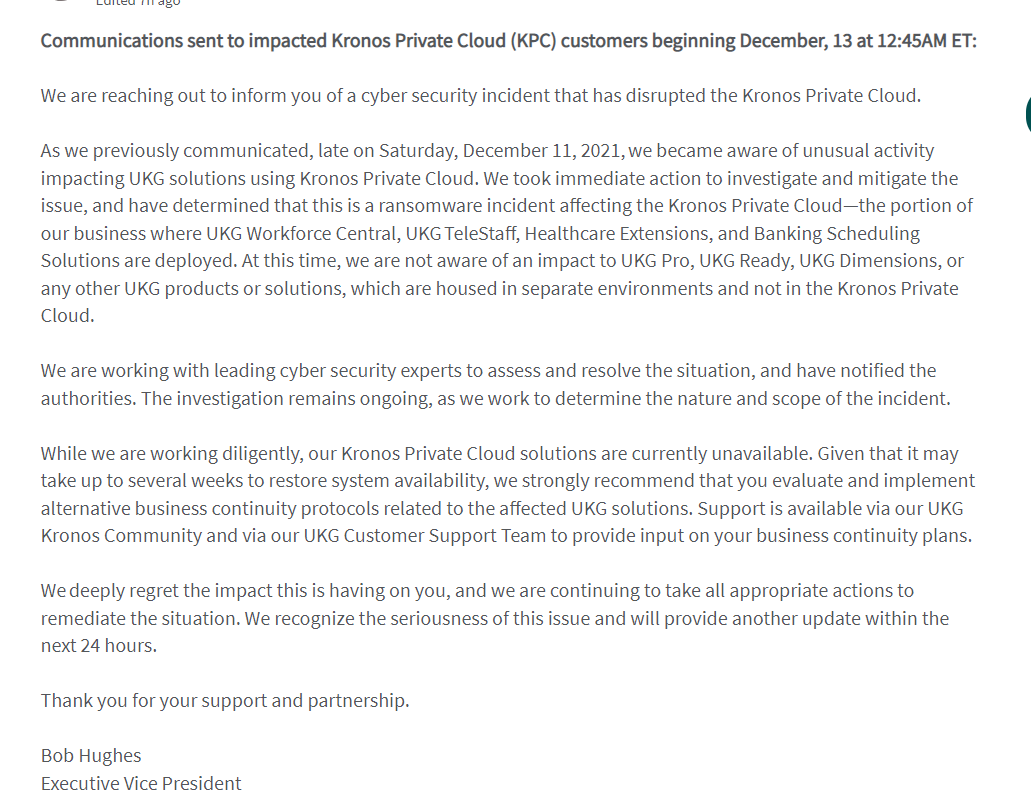 Kronos is down due to a ransomware attack!